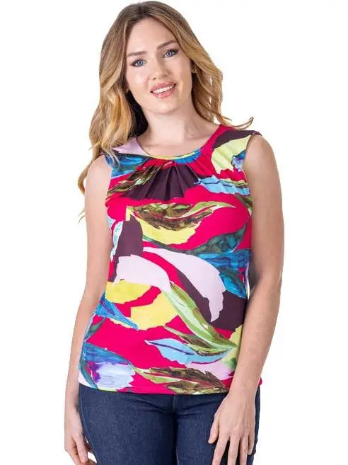 24SEVEN COMFORT APPAREL Sleeveless Pleated Top - Pink Multi