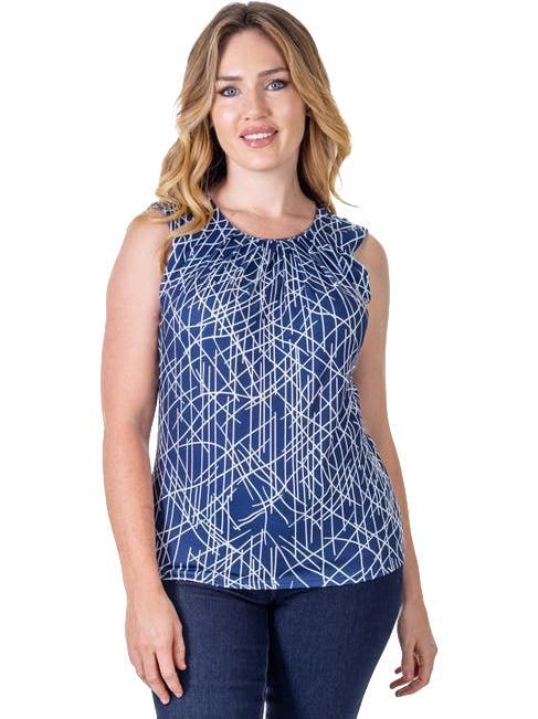 24SEVEN COMFORT APPAREL Printed Pleated Crewneck Top - Blue Multi