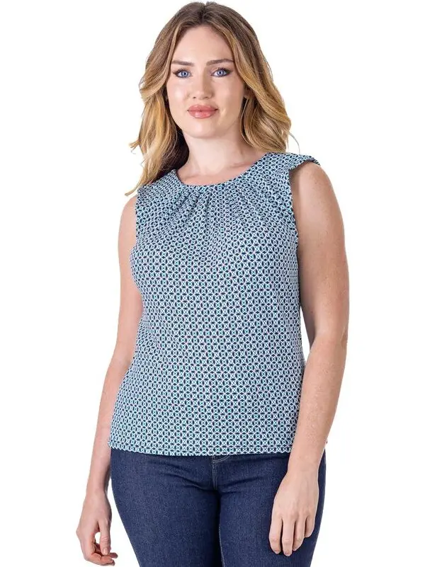 24SEVEN COMFORT APPAREL Printed Pleated Sleeveless Top - Blue Multi