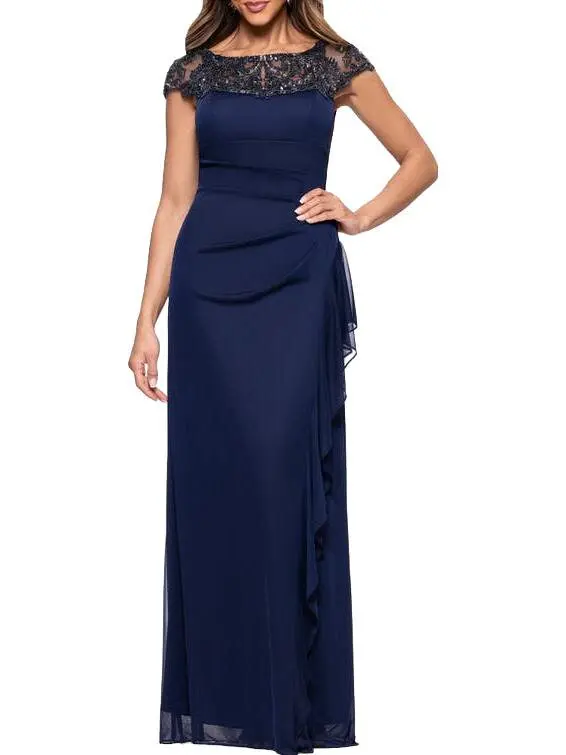 XSCAPE EVENINGS Embellished Illusion Yoke Column Gown - Navy