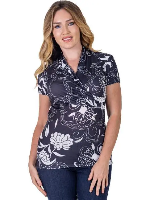 24SEVEN COMFORT APPAREL Petite Floral Wrap Top - Black Multi