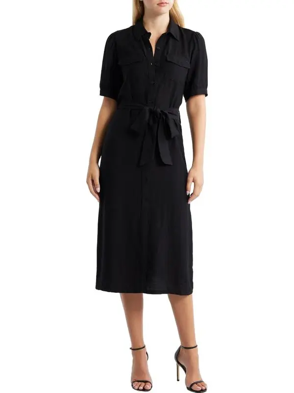 Halogen Tie Waist Midi Shirtdress - Rich Black