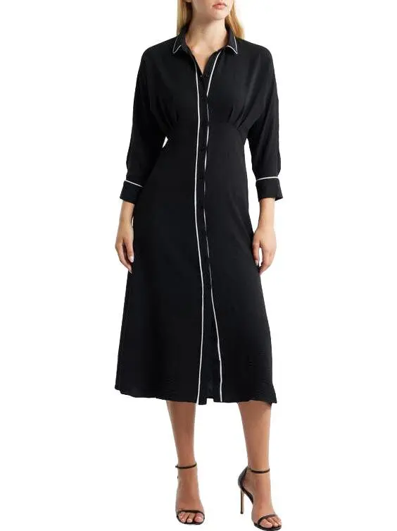 Halogen Pleated Long Sleeve Shirt Dress - Rich Black 060