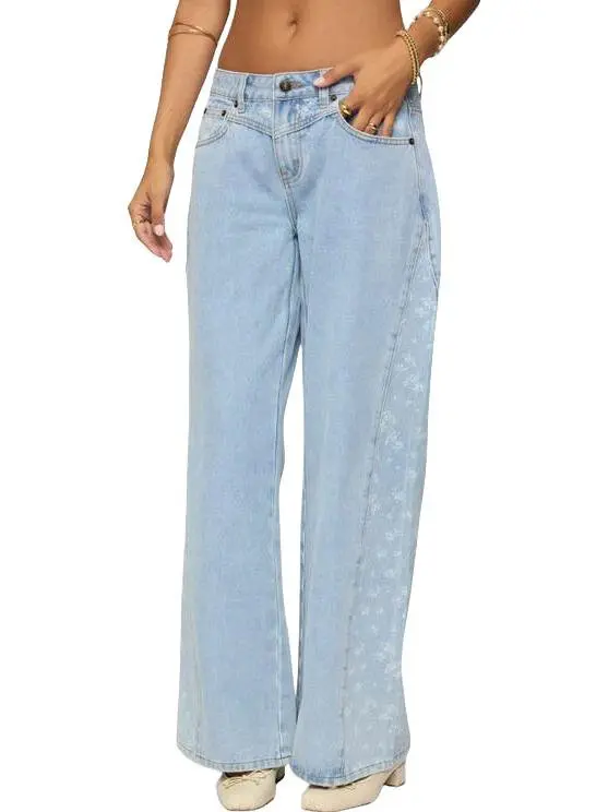 EDIKTED Floral Paneled Low Rise Wide Leg Jeans - Blue-washed