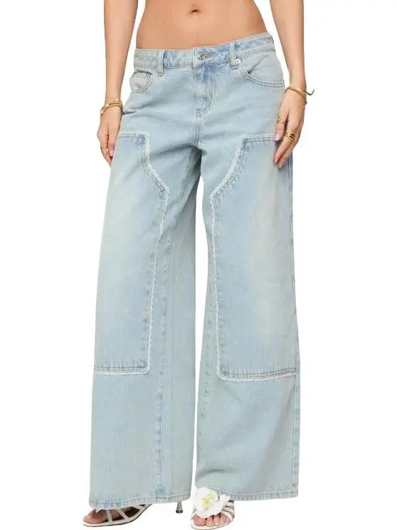 EDIKTED Teela Lace Panel Utility Jeans - Light-blue