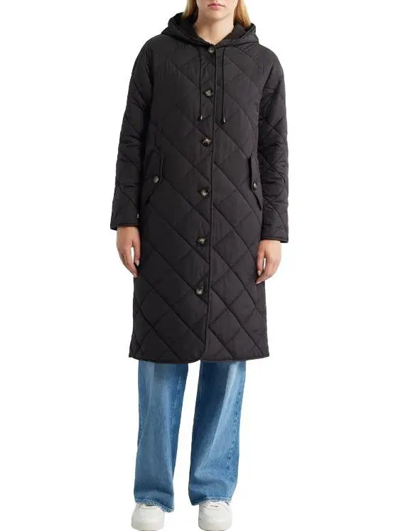 Bernardo Quilted Longline Hooded Jacket - Black