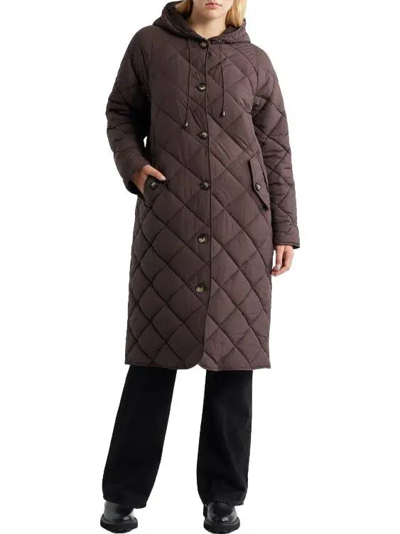 Bernardo Quilted Longline Hooded Jacket - Brown