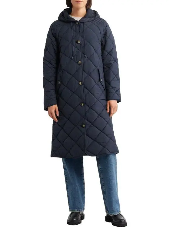 Bernardo Quilted Longline Hooded Jacket - Navy