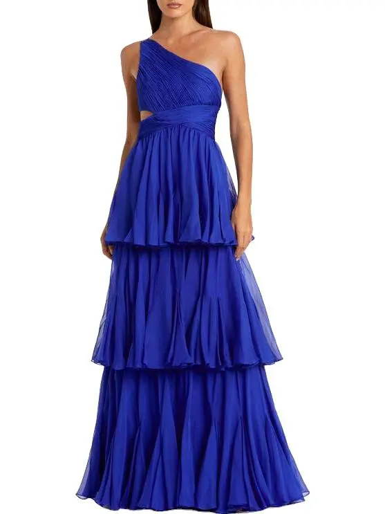 Mac Duggal One-shoulder Tiered Chiffon Gown - Cobalt
