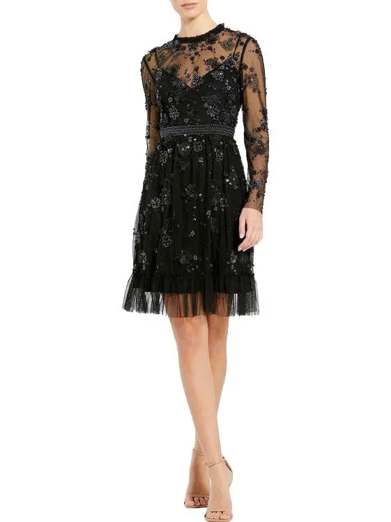 Mac Duggal Sheer Long Sleeve Embellished Mini Dress - Black