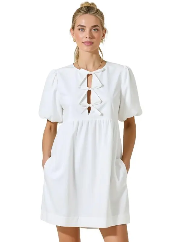 MODENAIRE Puff Sleeve Mini Dress With Bow Tie Detail - White