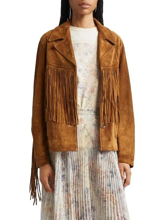 GOLDEN GOOSE Journey Waxed Suede Fringe Jacket - Tabasco Brown