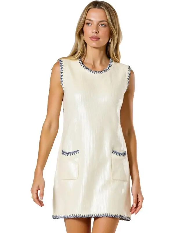 MODENAIRE Sleeveless Sequin-knit Mini Dress With Contrast Trim - Ivory/blue