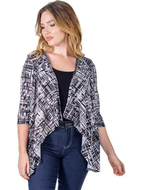 24SEVEN COMFORT APPAREL Printed Elbow Length Sleeve Open Cardigan - Black Multi