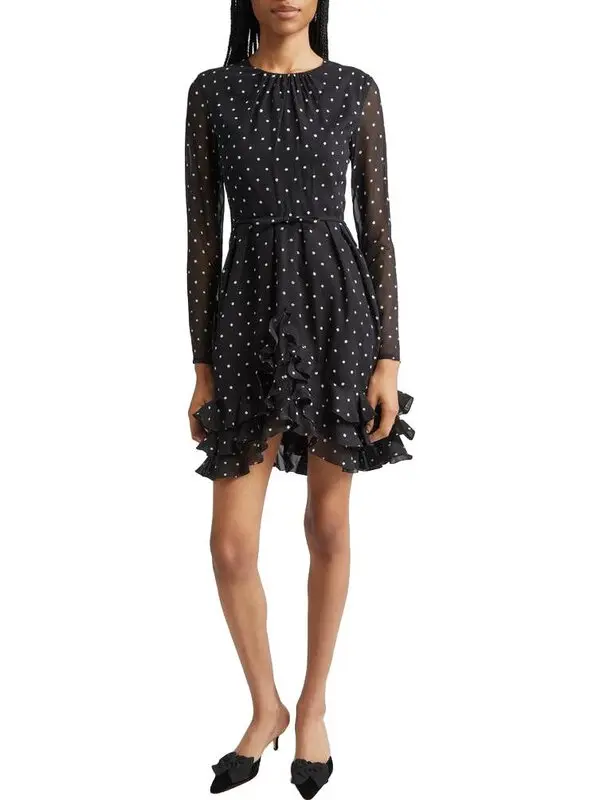 Giambattista Valli Polka Dot Ruffle Hem Long Sleeve Silk Dress - Black