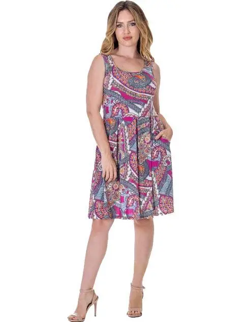 24SEVEN COMFORT APPAREL Paisley Print Sleeveless Knee Length Dress - Pink Multi