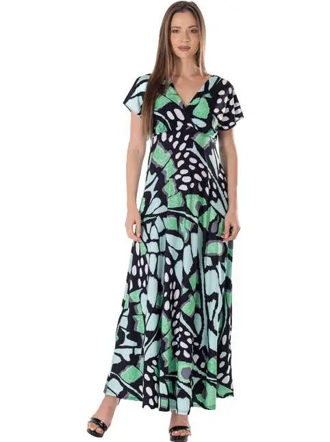 24SEVEN COMFORT APPAREL Oversized Butterfly Print Maxi Dress - Green Multi