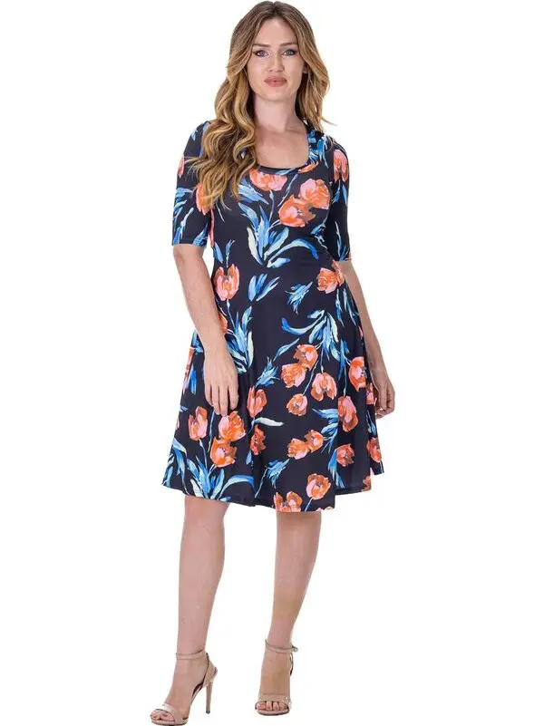 24SEVEN COMFORT APPAREL Floral Print Elbow Sleeve Knee Length Dress - Navy Multi
