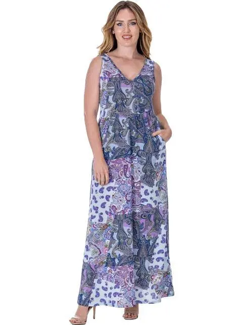 24SEVEN COMFORT APPAREL Paisley Sleeveless V-neck Maxi Dress With Pockets - Purple Multi
