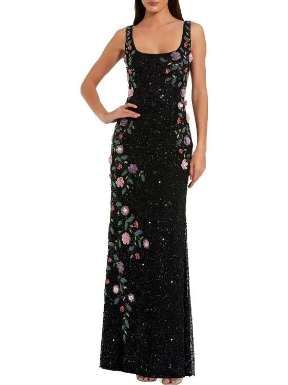 Mac Duggal Embellished Mesh Gown With Floral Beading - Black Multi