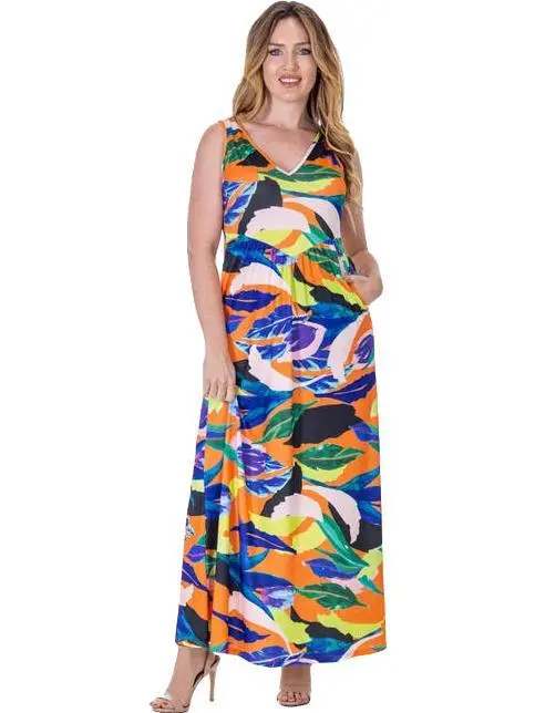 24SEVEN COMFORT APPAREL Floral Print Sleeveless V-neck Maxi Dress - Orange Multi