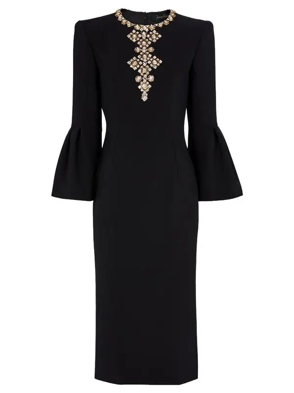 Jenny Packham Margoni Bell-sleeve Embellished Midi Dress - Liquorice