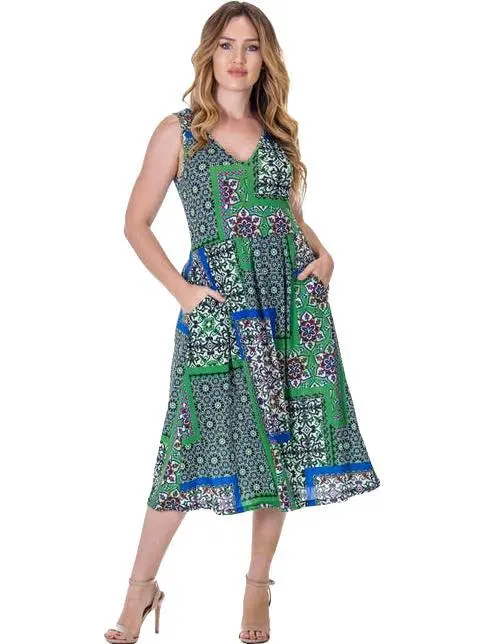 24SEVEN COMFORT APPAREL Midi Length Scarf Print Sleeveless Pleated Pocket Dress - Green Multi