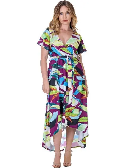 24SEVEN COMFORT APPAREL Floral Faux Wrap High-low Dress With Belt - Purple Multi