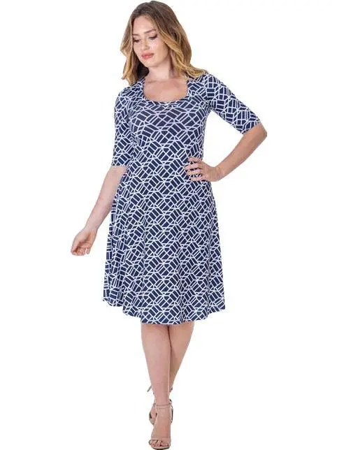 24SEVEN COMFORT APPAREL Geometric Print Knee Length Dress - Navy Multi