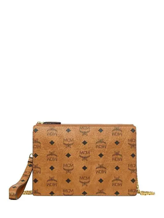 Mcm Wristlet Standing Pouch With Chain Strap - Brown