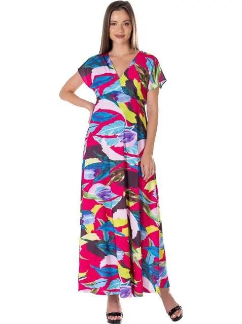 24SEVEN COMFORT APPAREL Floral Print V-neck Empire Waist Maxi Dress - Pink Multi