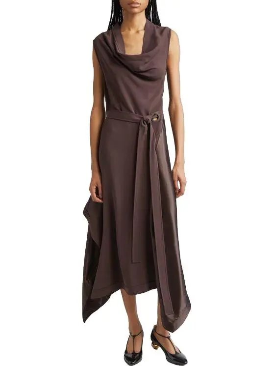 FERRAGAMO Belted Asymmetric Satin & Cady Dress - Expresso