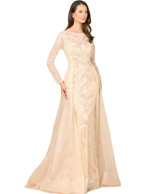 LARA NEW YORK Long Sleeve Lace Gown With Overskirt And High Neck - Champagne