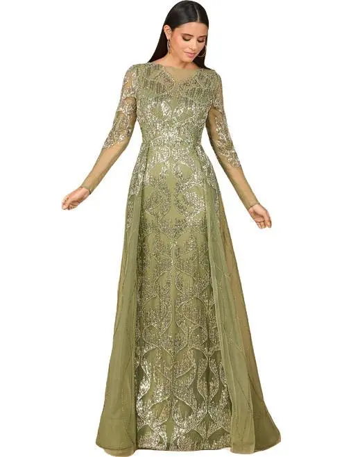LARA NEW YORK Long Sleeve Lace Gown With Overskirt And High Neck - Olive