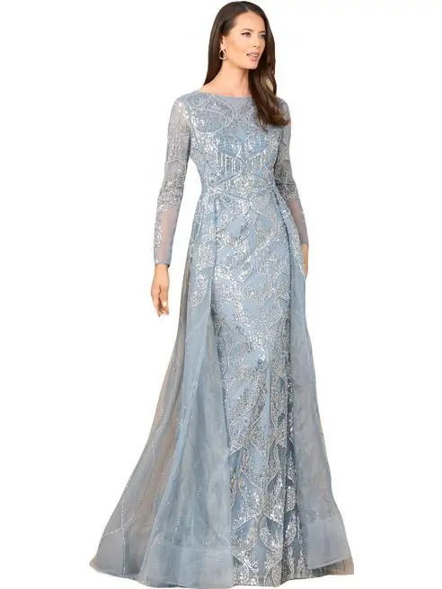 LARA NEW YORK Long Sleeve Lace Gown With Overskirt And High Neck - Slate