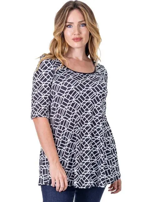 24SEVEN COMFORT APPAREL Geometric Print Elbow Sleeve Tunic Top - Black Multi