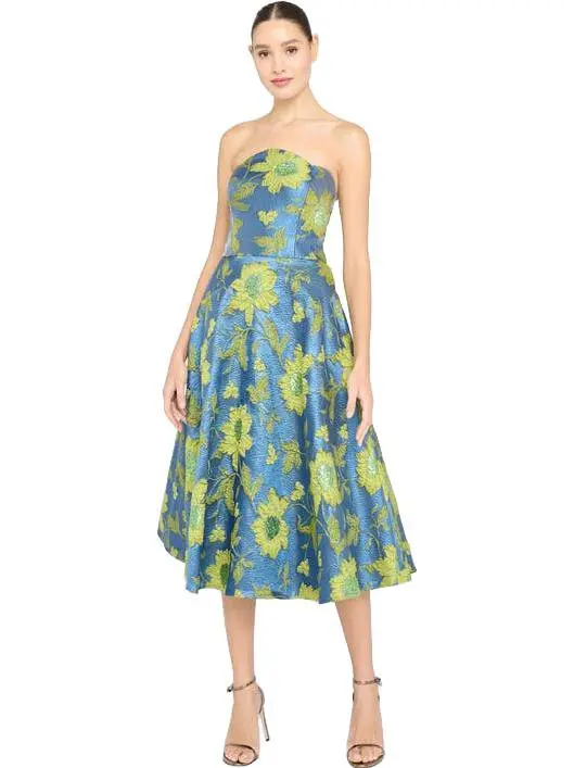 Theia Dara Scallop Strapless Dress - Blue Ashes/citronelle