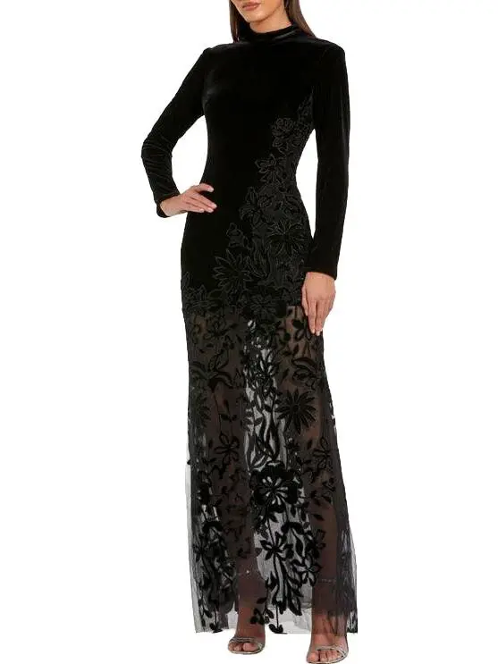 Mac Duggal Long Sleeve Sheer Floral Embroidered Velvet Gown - Black