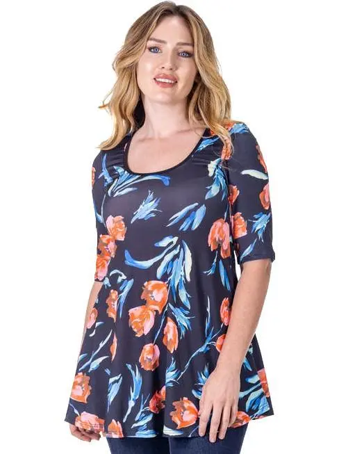 24SEVEN COMFORT APPAREL Tulip Print Elbow Sleeve Tunic Top - Navy Multi