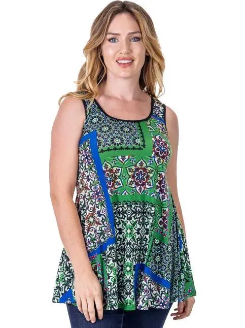 24SEVEN COMFORT APPAREL Casual Print Scoop Neck Tank Top - Green Multi
