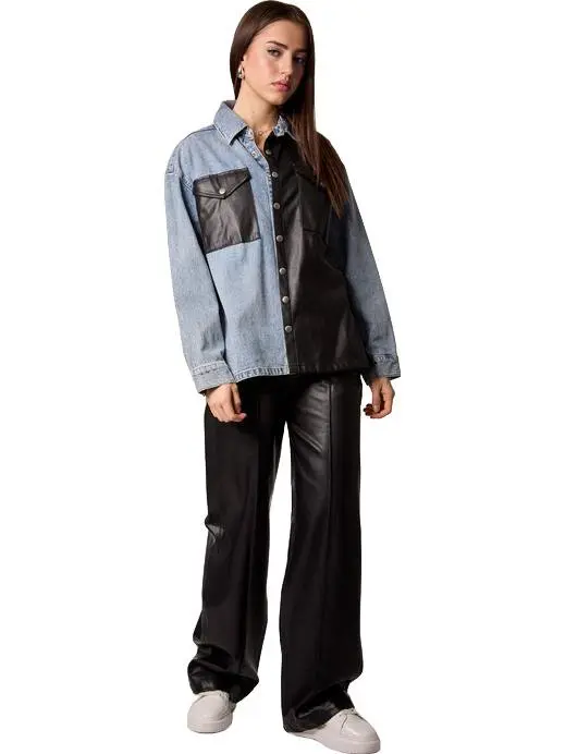 BLUE REVIVAL Denim And Faux Leather Shacket - Nashville/black