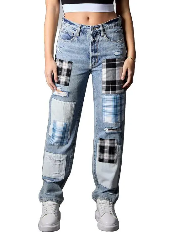 BLUE REVIVAL Plaid Patchwork Straight Leg Jeans - Ibiza Patchwork