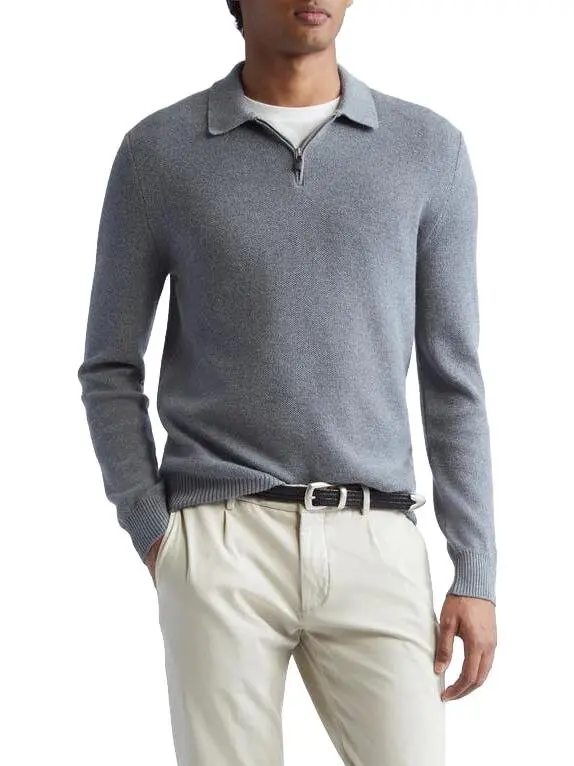 Eleventy Virgin Wool Half Zip Polo Sweater - 13 Light Gray Melang