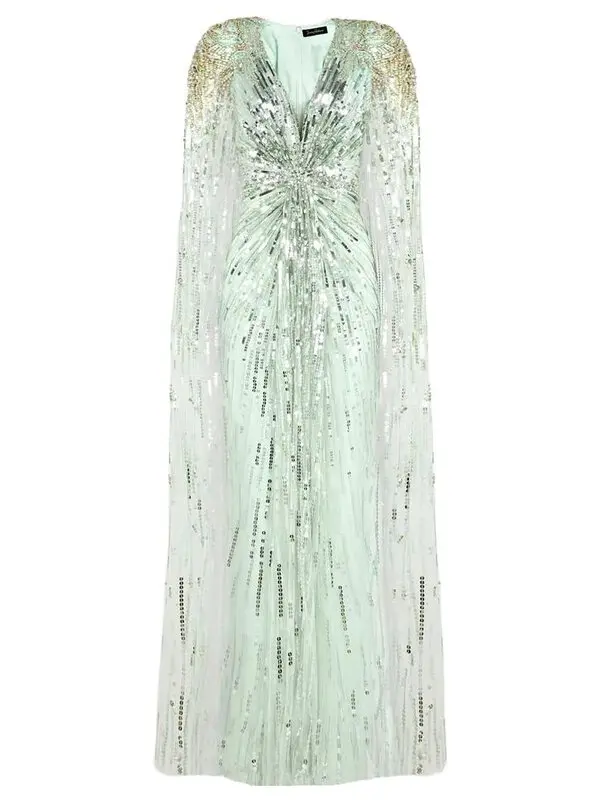 Jenny Packham Sequin-embellished Gown With Cape Sleeves - Lagoon