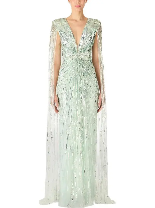 Jenny Packham Sequin-embellished Gown With Cape Sleeves - Lagoon