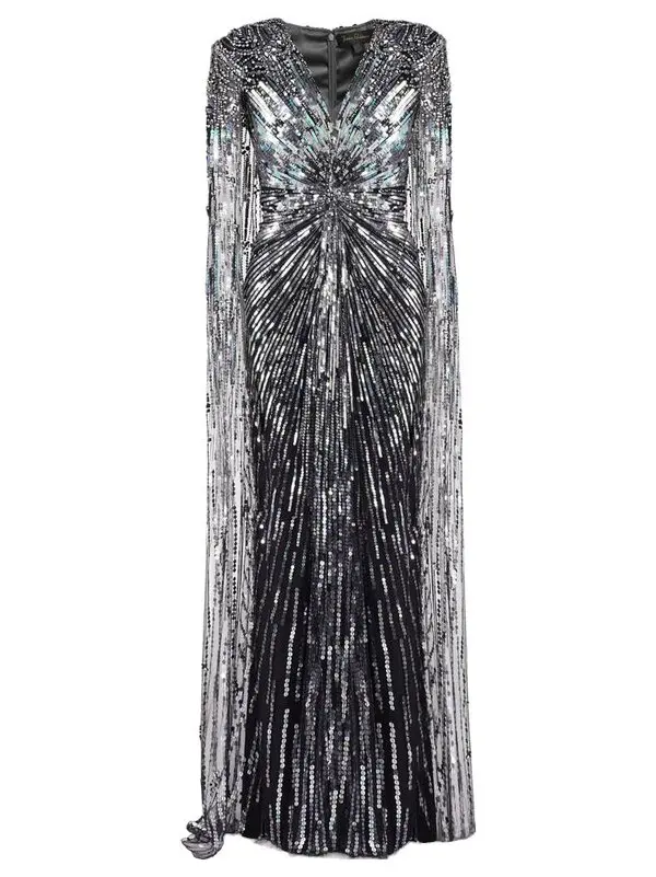 Jenny Packham Sequin-embellished Gown With Cape Sleeves - Liquorice