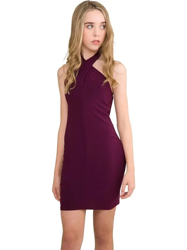 UN DEUX TROIS Criss-cross Mini Halter Dress - Eggplant