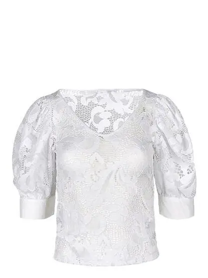 Anne Fontaine Katia V-neck Top With Sheer Mesh Sleeves - White