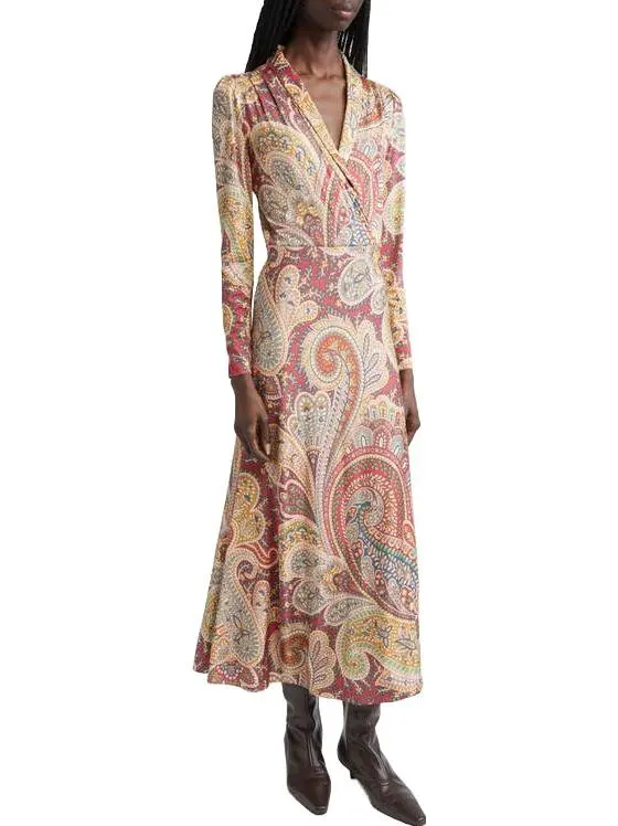 Etro Paisley Print Faux Wrap Jersey Dress - Stampa F.do Bordeaux