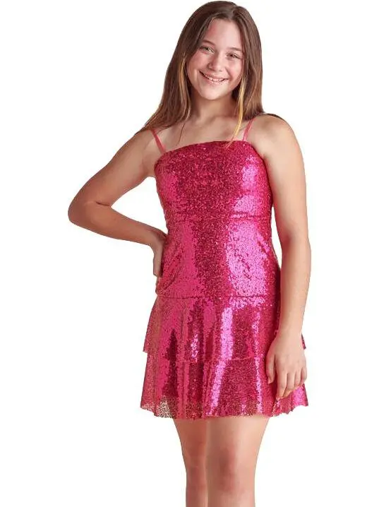 UN DEUX TROIS Sequin Bow-back Tiered Dress - Fuchsia